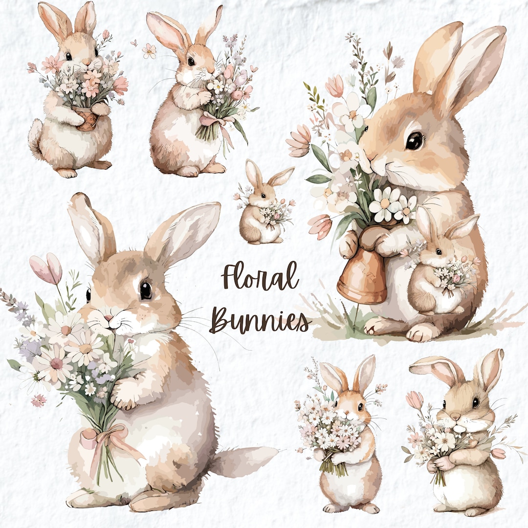 Bunny Floral Clipart, Flowers Bunny Rabbit Clipart, Rabbit Bunny ...