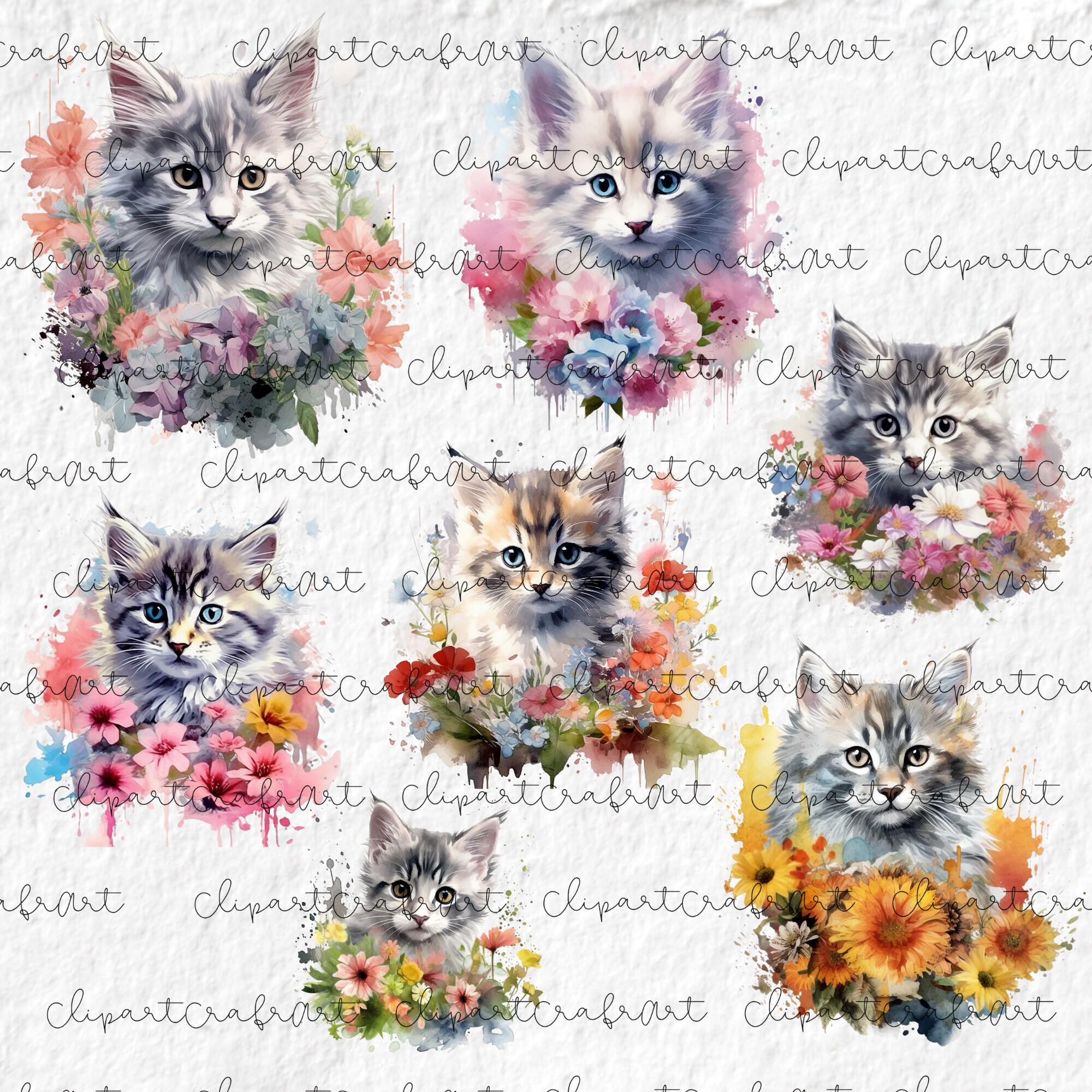 Cat Floral Clipart, Floral Kitten Butterfly Clipart, Cute Kitty Flowers ...
