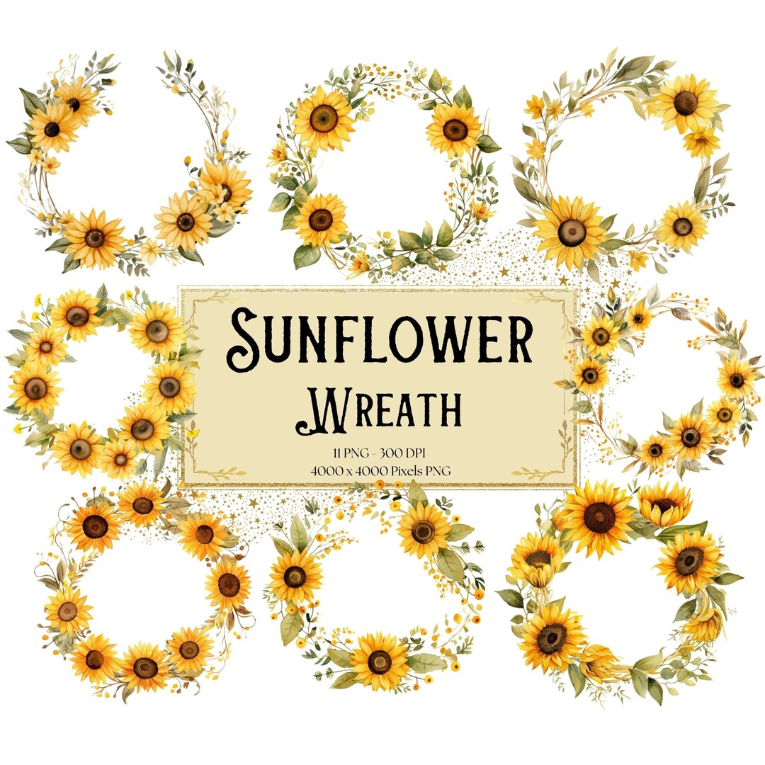 Sunflower Wreath Watercolor Clipart, Floral Wedding PNG (digital ...
