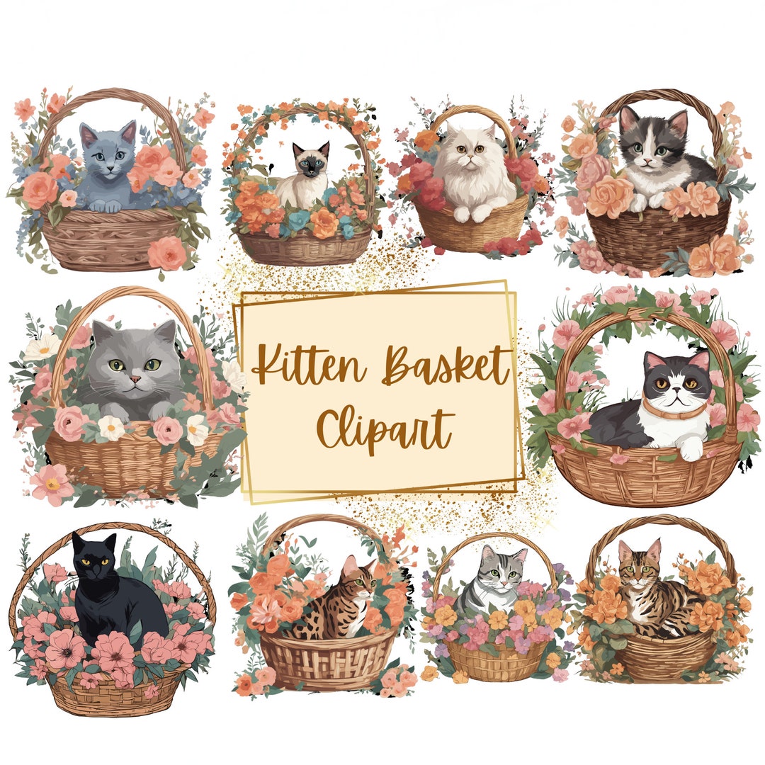 Floral Kitten Basket Clipart, Floral Cat Basket Clipart, Floral Kitten ...