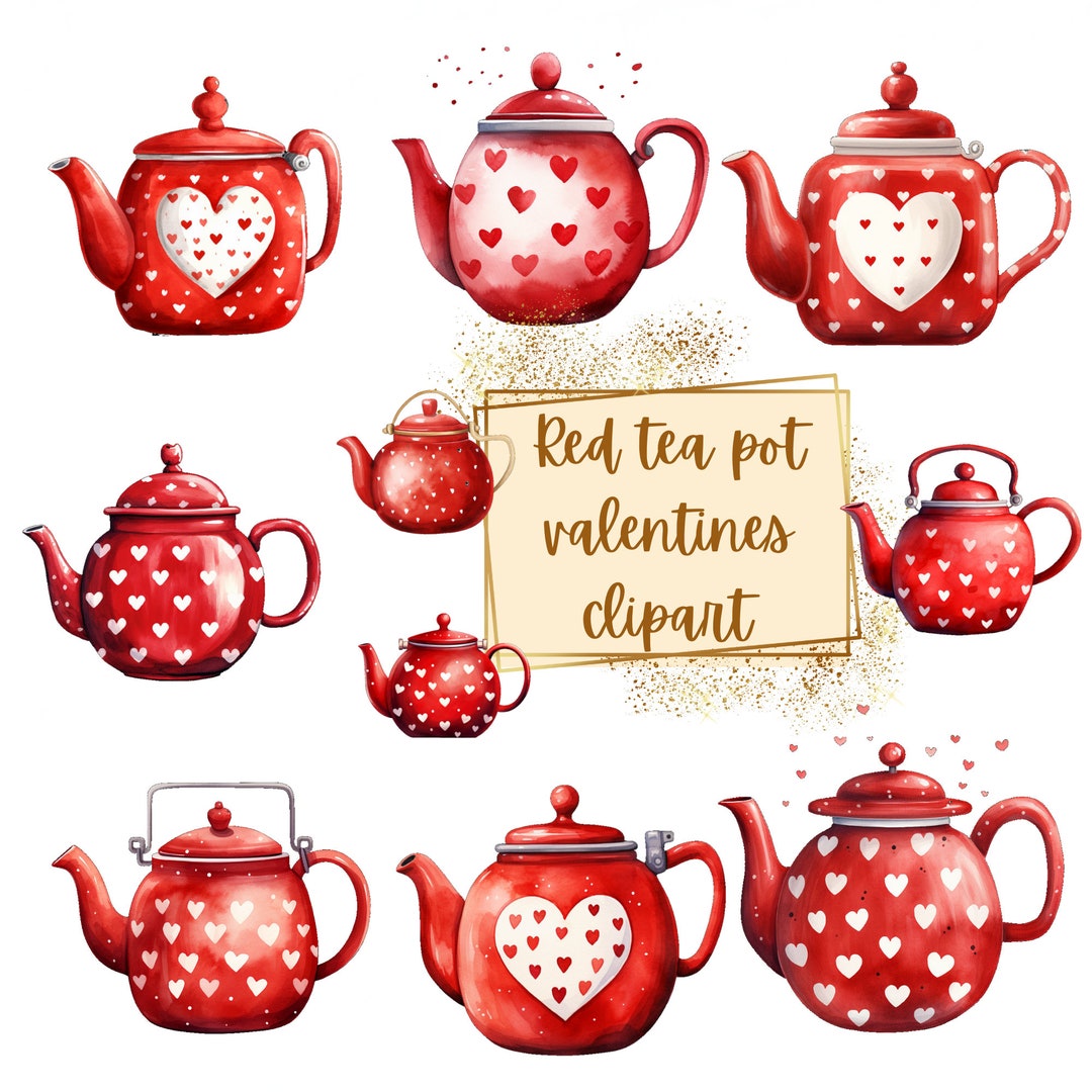 Valentines Tea Pot Clipart, Red Tea Pot White Hearts Valentines Clipart ...