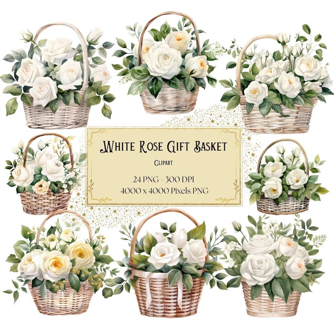 White Rose Gift Basket Clipart, White Rose Bouquet Basket Flowers ...