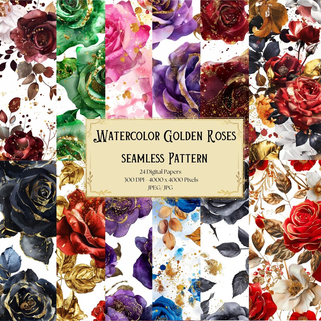 Golden Roses Watercolor Seamless Pattern Digital Paper, Roses Seamless ...