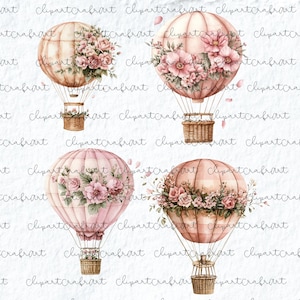 Floral Pink Hot Air Balloon Clipart, Vintage Boho Floral Hot Air ...