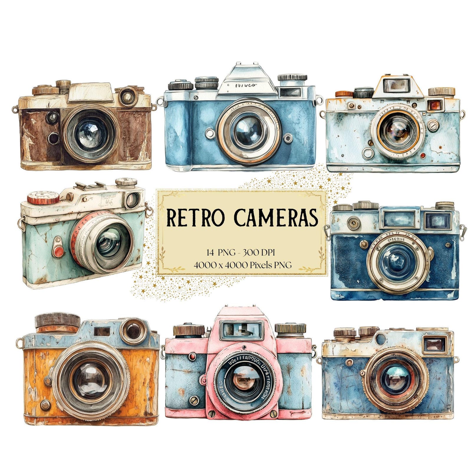 Watercolor Retro Camera Clipart, Vintage PNG Graphics (digital Download ...
