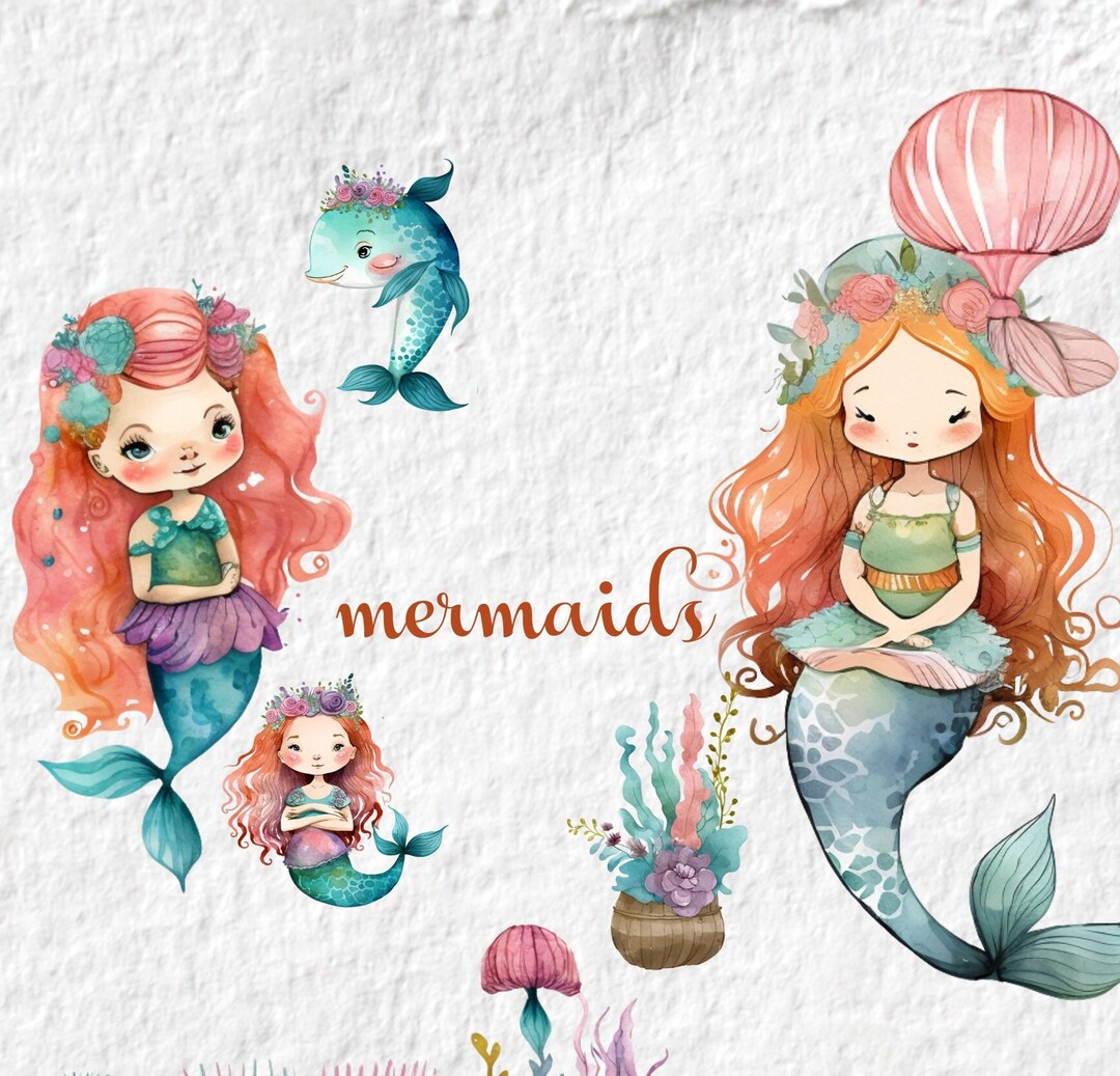 Mermaid Watercolor Clipart, Cute Mermaid Baby Shower Graphics, Birthday ...