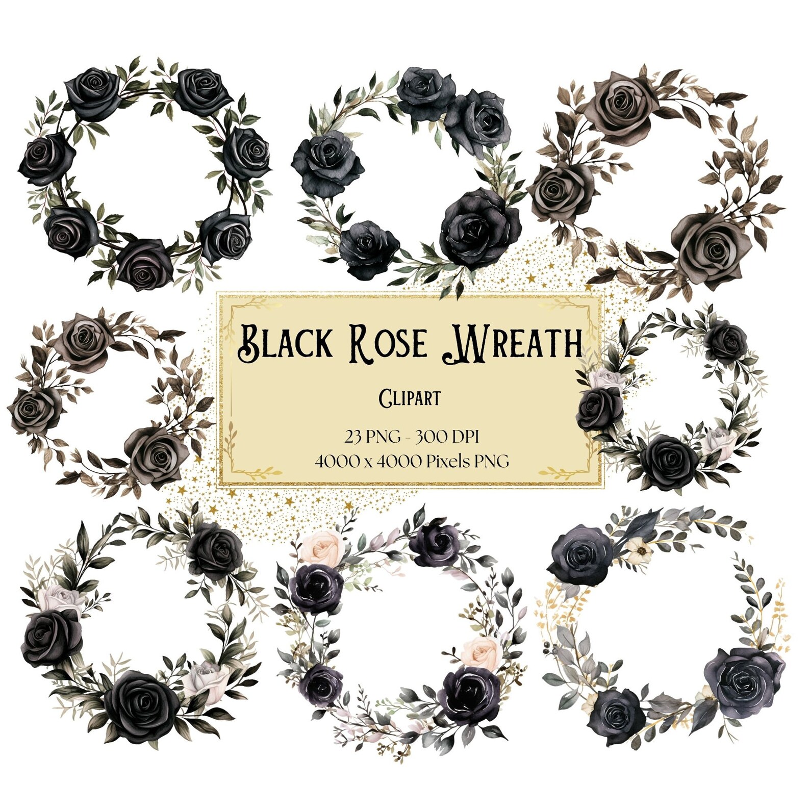 Clipart de Coroa de Rosas Negras, Ilustração Floral em Aquarela PNG ...