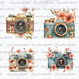 Floral Retro Camera Clipart, Vintage Camera Clipart, Old Style Cameras ...