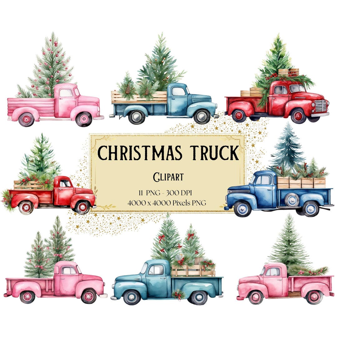 Vintage Christmas Truck Clipart, Vintage Xmas Pickup Truck Clipart ...