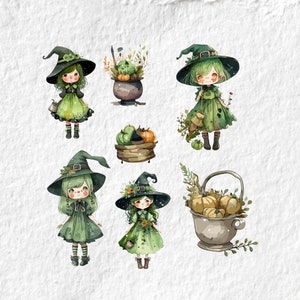 Little Green Witch Halloween Clipart, Cute Witch Halloween Watercolor ...