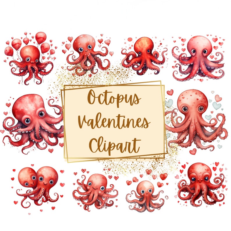 Watercolor Octopus Valentines Clipart, Sea Life PNG (digital Download ...