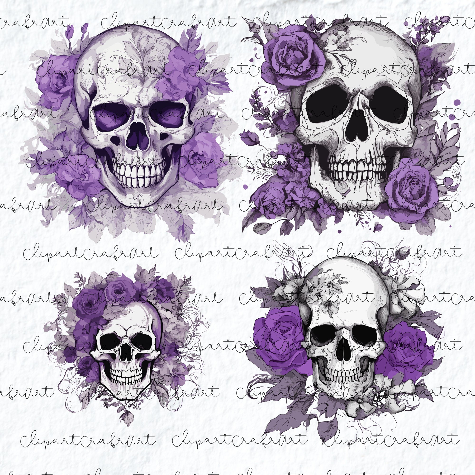 Purple Floral Skull Sketch Clipart, Antique Human Skulls Purple PNG ...