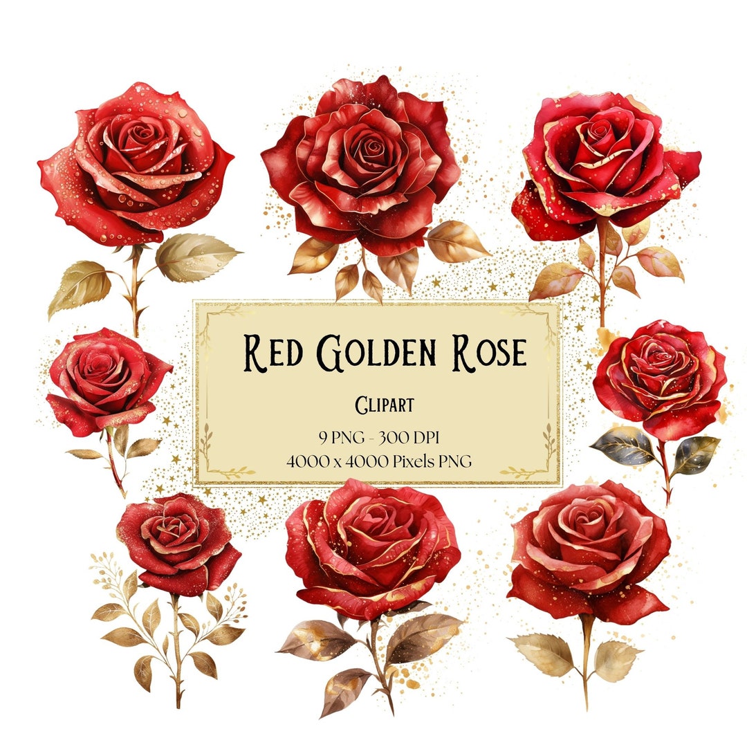 Red Golden Rose Clipart, Golden Red Rose Flowers Clipart, Red Roses ...