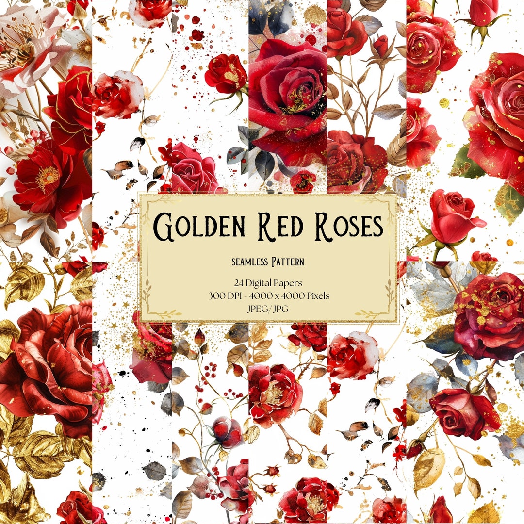 Golden Red Roses Watercolor Seamless Pattern Digital Paper, Red Roses ...