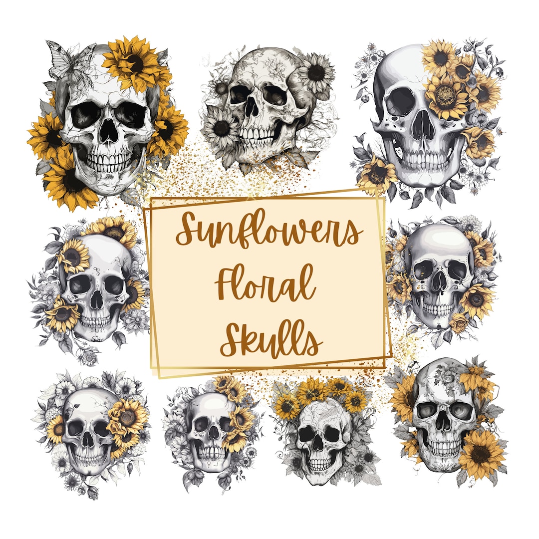Sunflowers Floral Skull Sketch Clipart, Antique Human Skulls Sunflowers ...