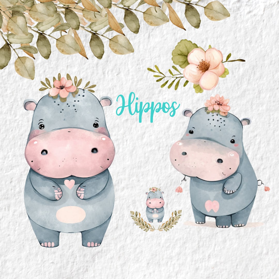 Hippo Clipart, Baby Hippopotamus Watercolor Clipart, African Zoo Animal ...