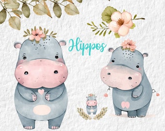 Hippo Png Watercolor Cute Hippopotamus Clipart Romantic - Etsy