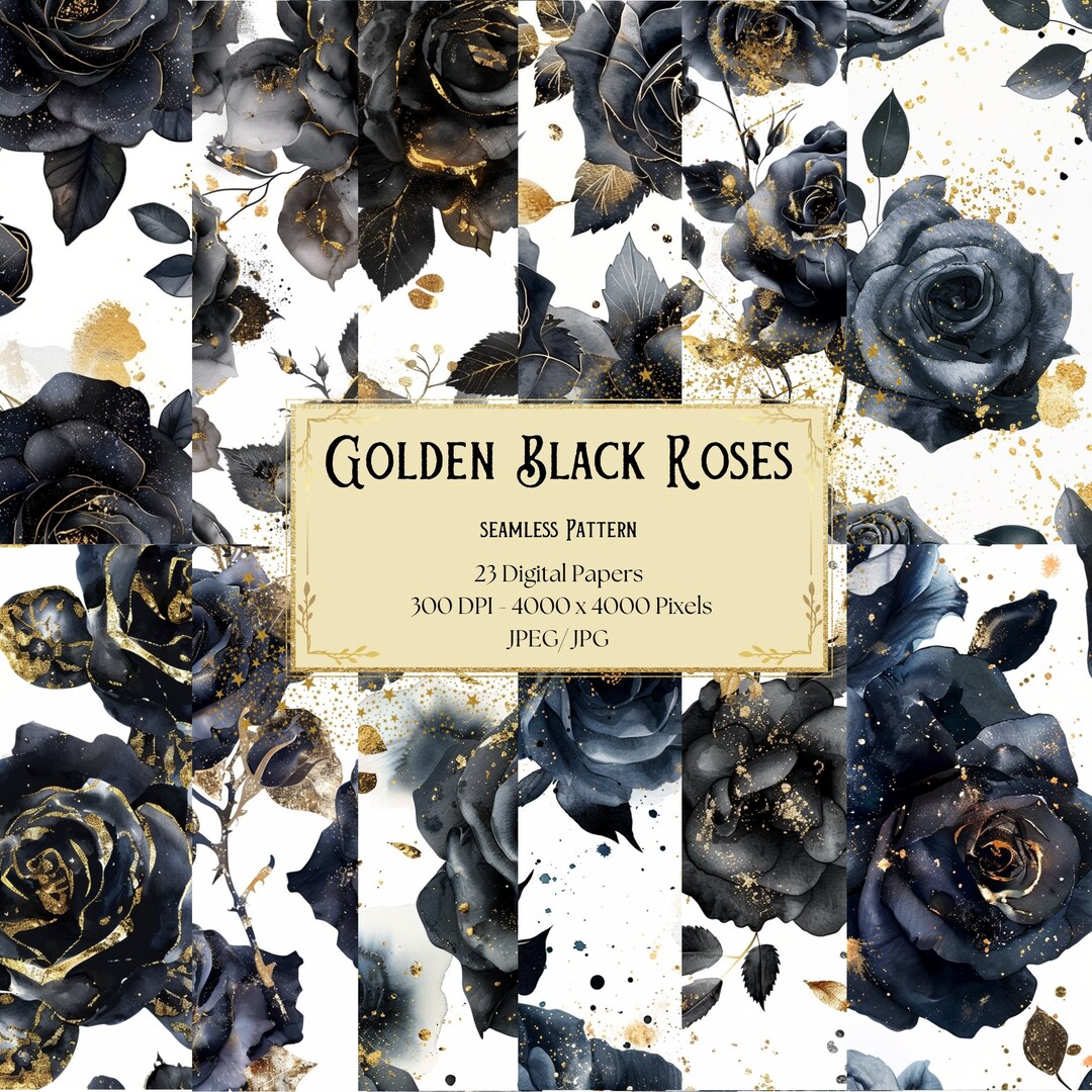 Golden Black Roses Watercolor Seamless Pattern, Black Roses With Golden ...