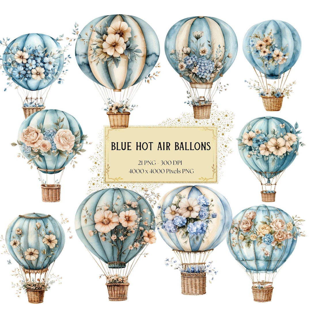 Floral Blue Hot Air Balloon Clipart, Vintage Boho Floral Hot Air ...