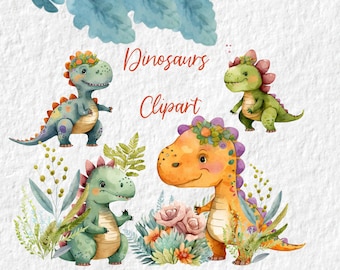 Dinosaurs Watercolor Clipart, Cute Dino Baby Shower Graphics, Birthday ...