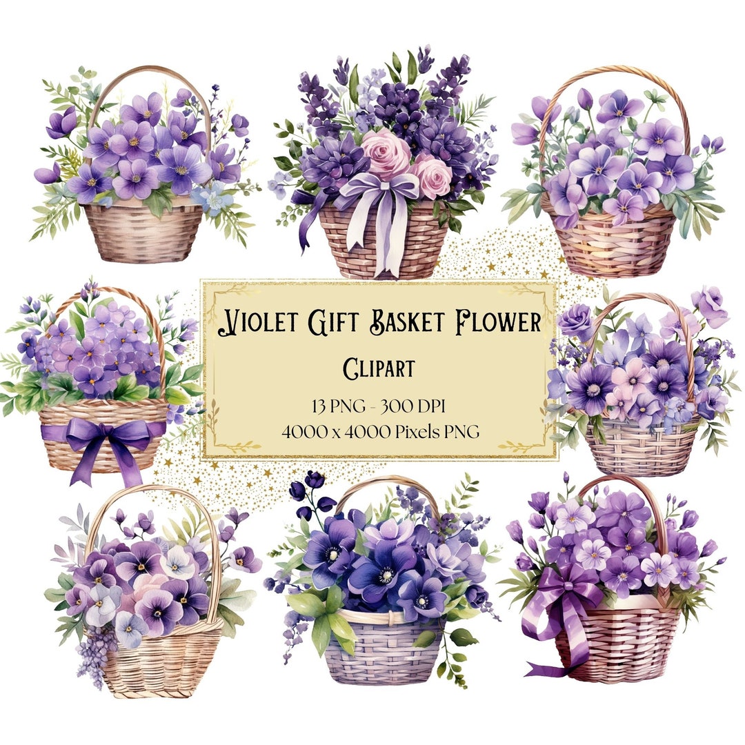 Violet Gift Basket Flower Clipart, Purple Violet Floral Png, Violet ...