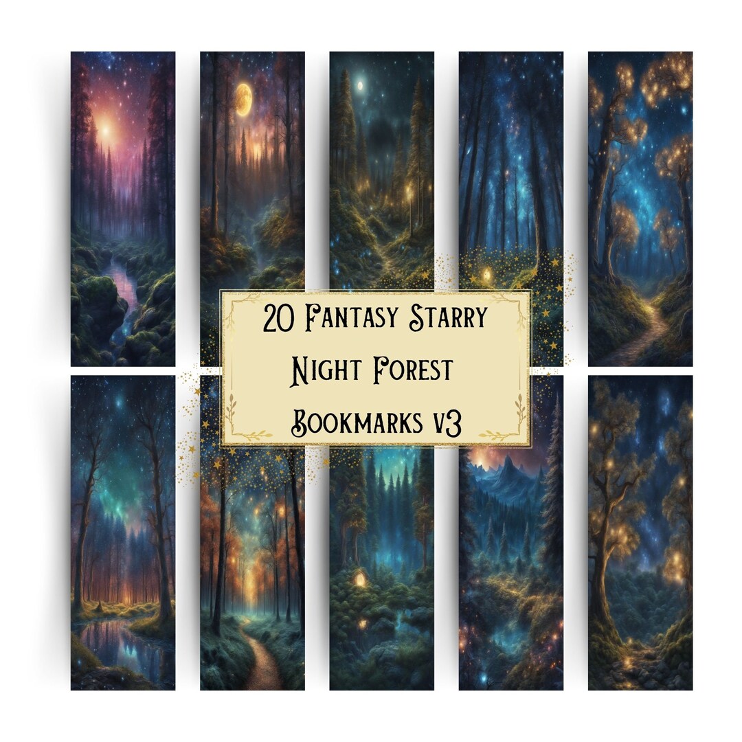 Starry Night Forest Bookmark, Fantasy Night Forest Bookmark JPG ...