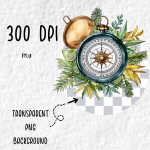 Compass Clipart, Floral Compass Watercolor Clipart, Nautical Sea Life ...
