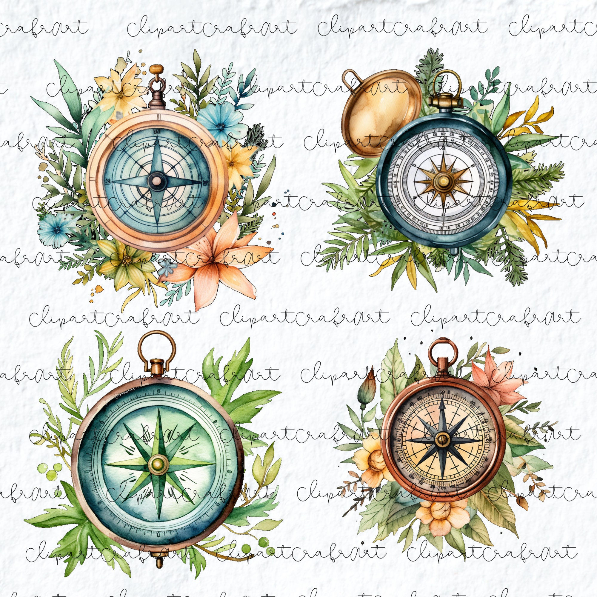 Compass Clipart, Floral Compass Watercolor Clipart, Nautical Sea Life ...
