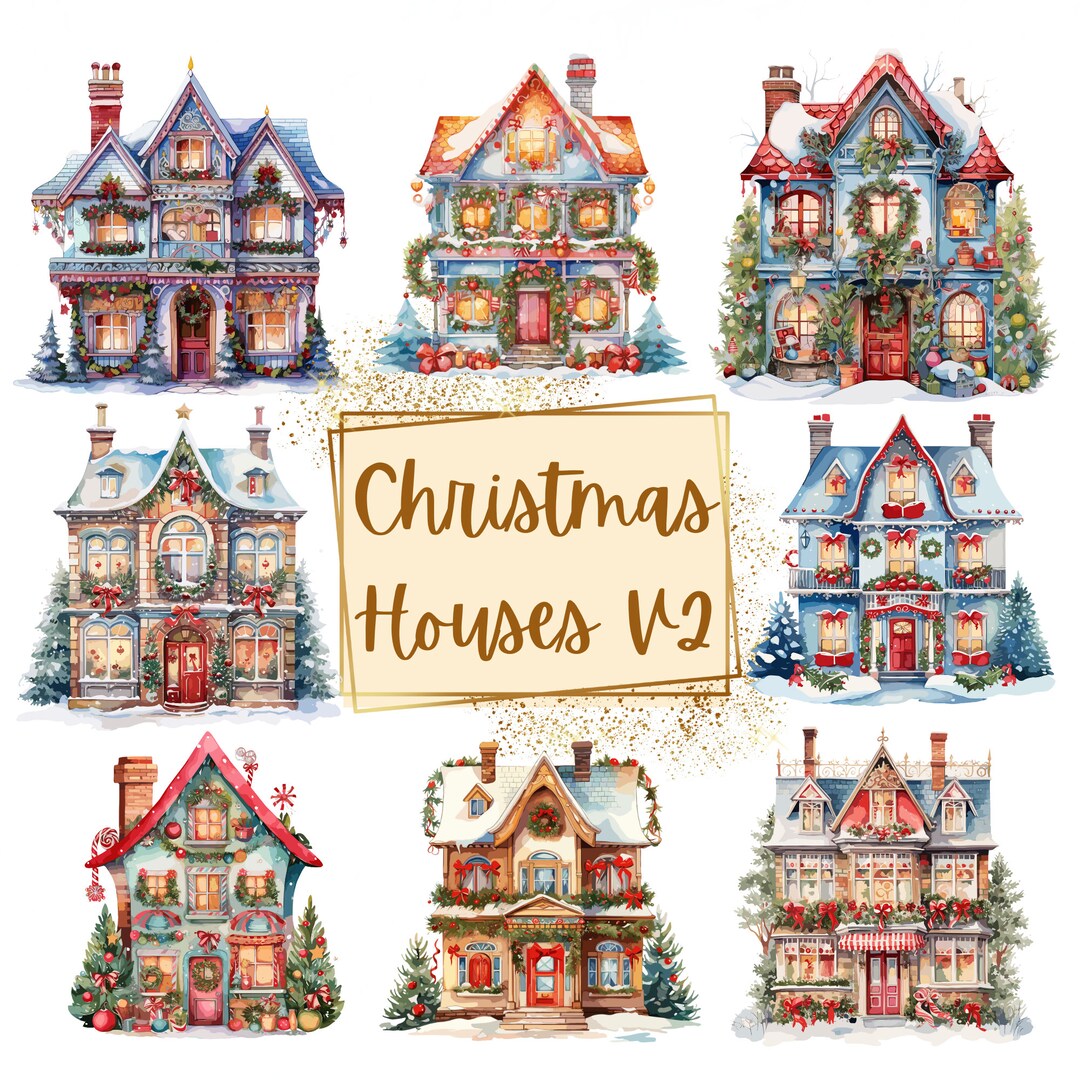 Watercolor Christmas House Clipart, Festive Winter PNG (digital ...
