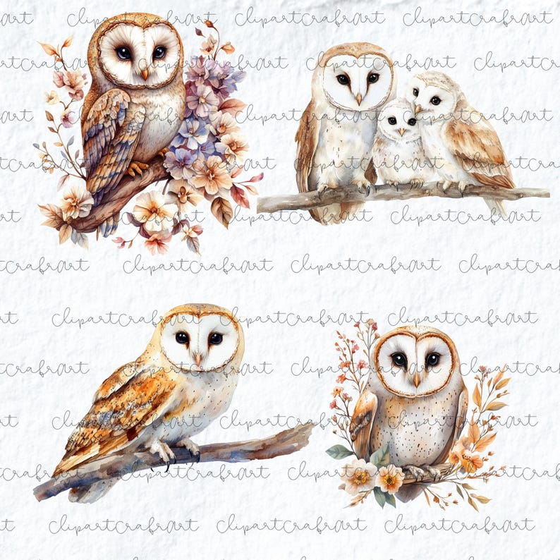 Watercolor Barn Owl Clipart Bundle, Floral Design (PNG) - Etsy