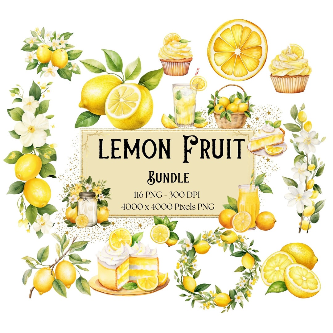 Lemon Fruit Clipart, Citrus Lemon Fruit Bundle Clipart, Botanical Lemon ...