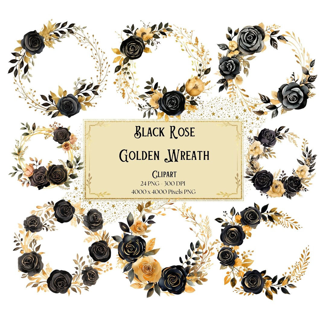Black Rose Golden Wreath Clipart, Black Rose Golden Flowers Clipart ...
