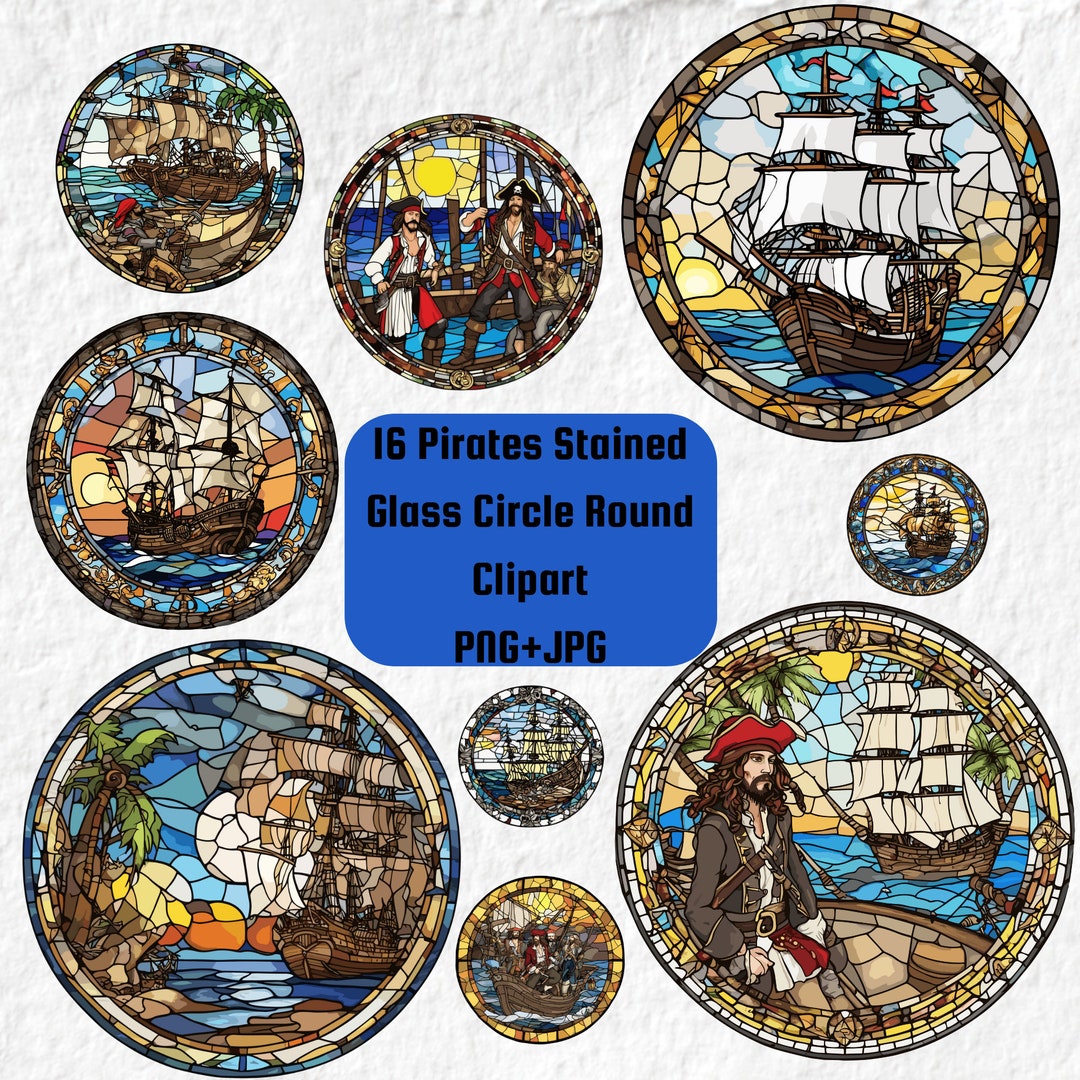 Pirates Stained Glass Circle Clipart, Pirates Sea Scene Circle Round ...