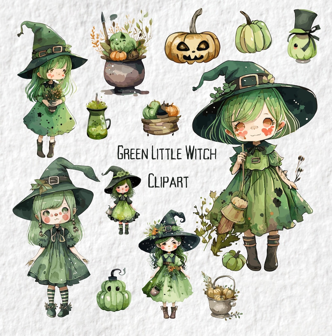 Little Green Witch Halloween Clipart, Cute Witch Halloween Watercolor ...