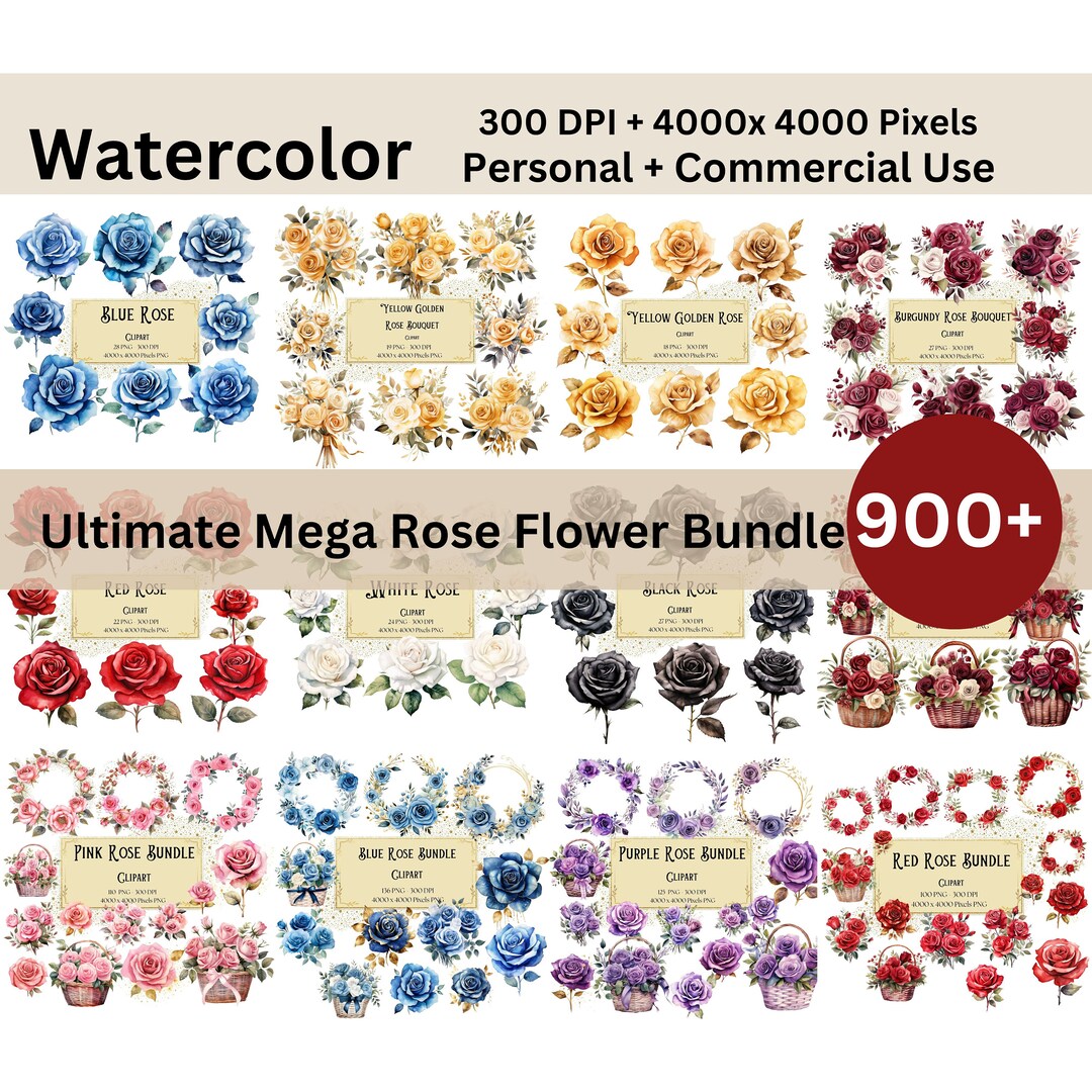 Rose Flower Bundle Clipart, Rose Floral Watercolor Clipart, 900+ Rose ...