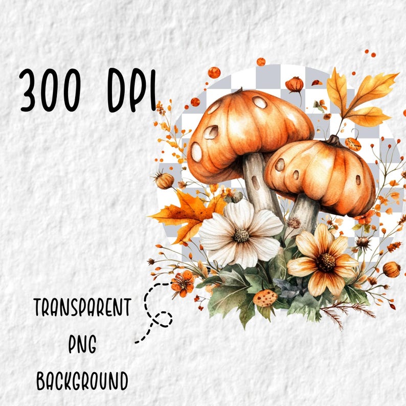 Halloween Mushroom Pumpkin Clipart, Watercolor Fall Floral (PNG, JPG ...