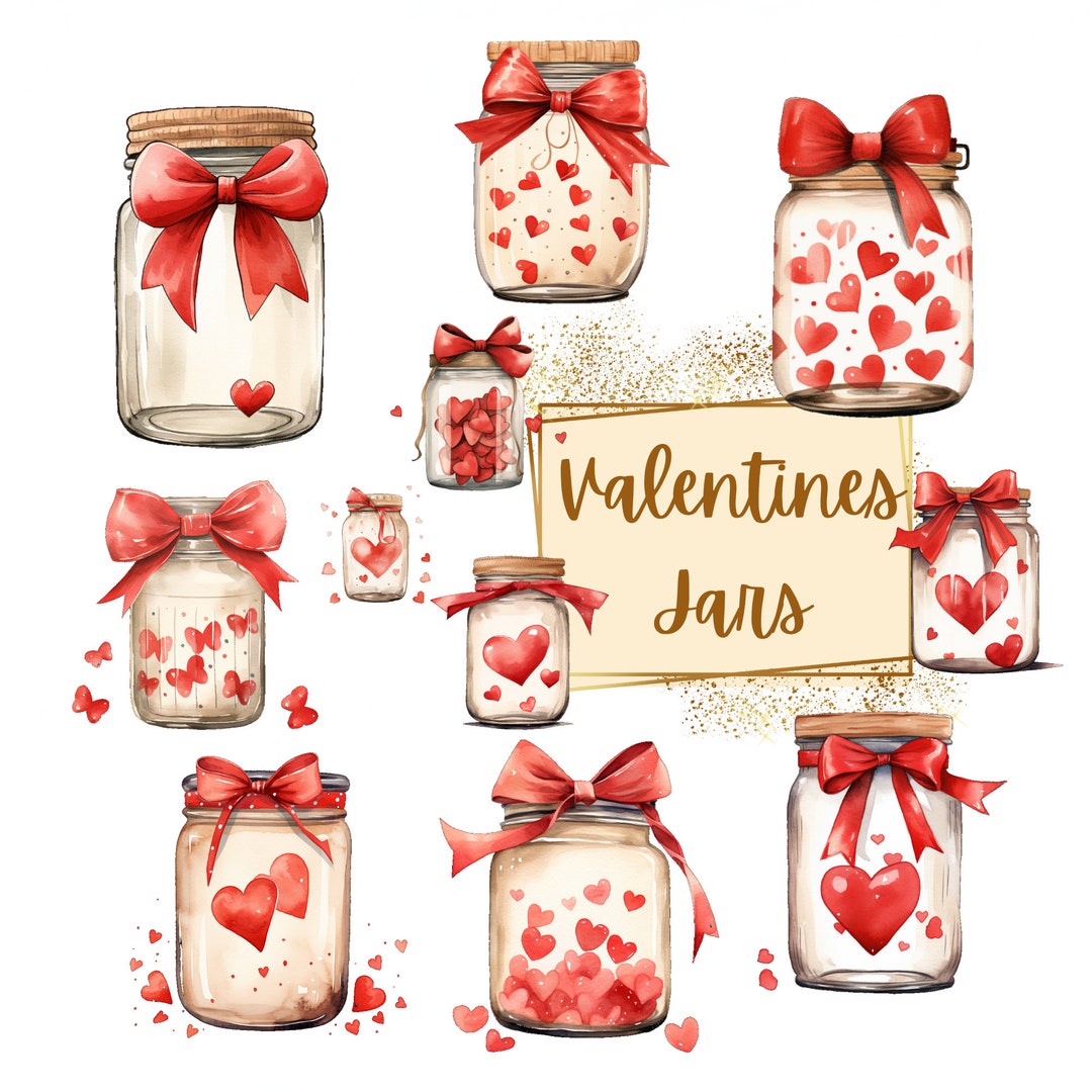 Valentines Jar Clipart, Valentines Red Hearts Ribbon Jar Clipart ...