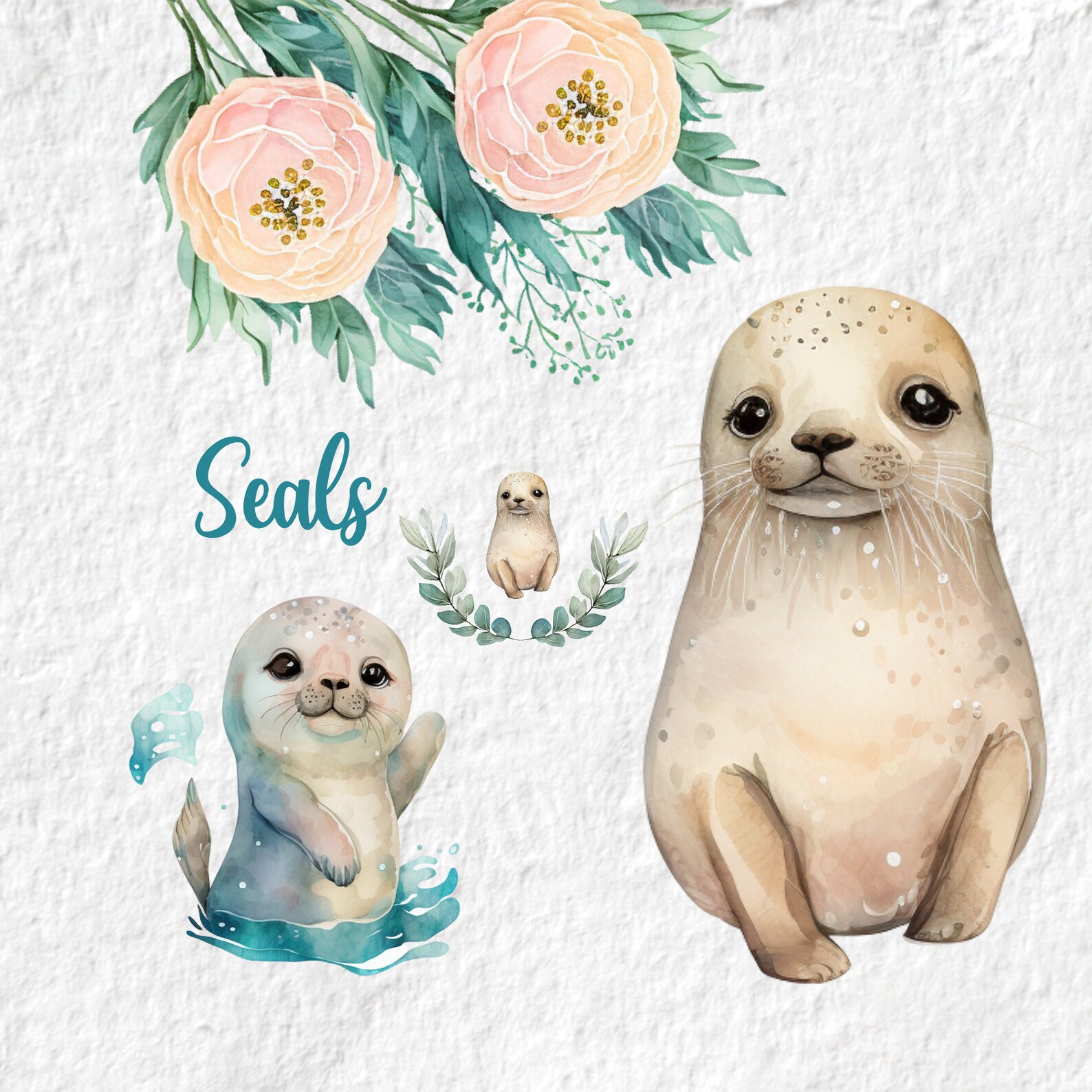 Seal Watercolor Clipart, Cute Sea Life Baby Shower Graphics, Sea Life ...