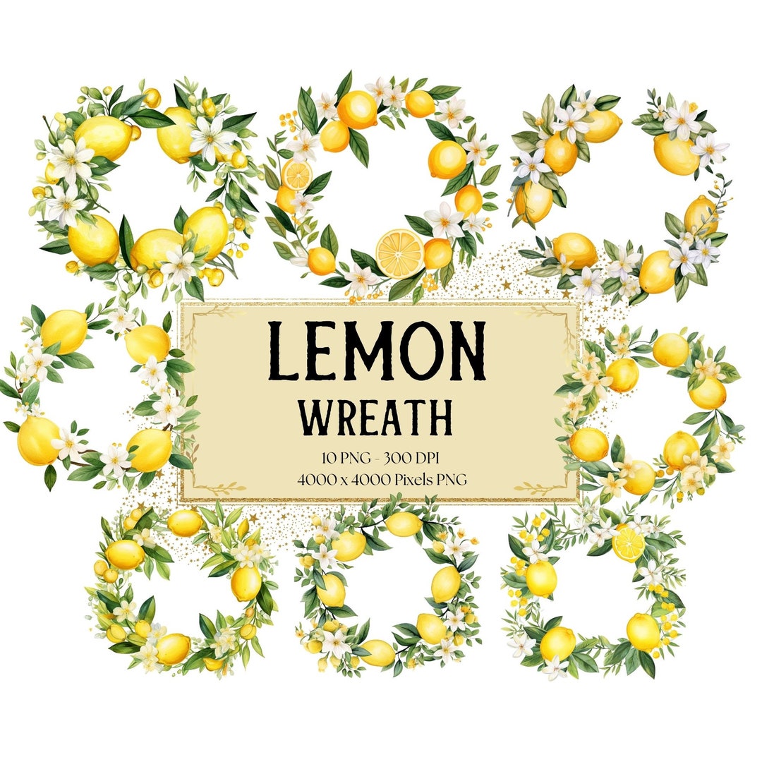 Lemon Fruit Flower Wreath Clipart, Citrus Lemon Fruit Clipart ...