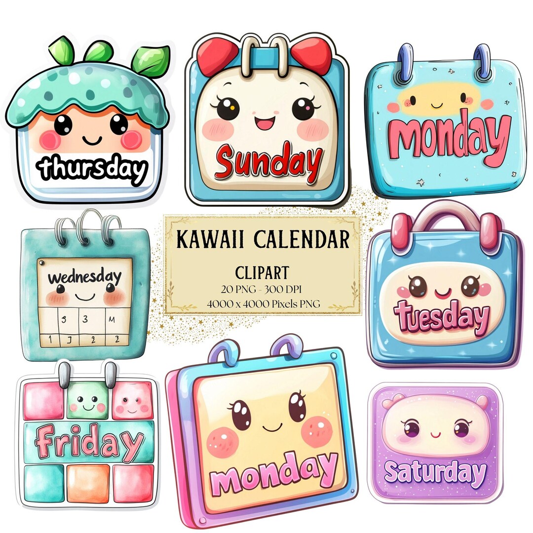 Kawaii Calendar Clipart, Weekly Days Calendar Clipart, Calendar ...