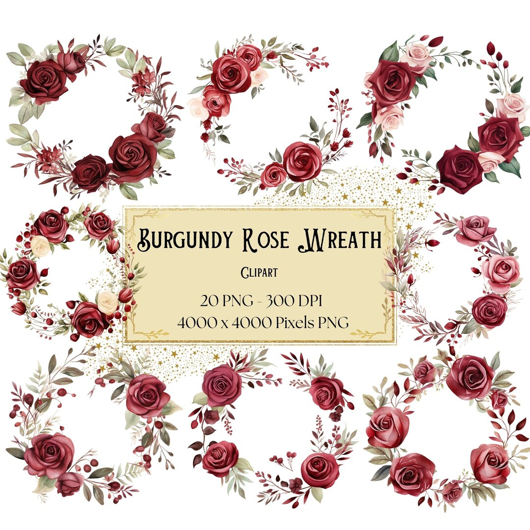 Burgundy Rose Wreath Clipart, Burgundy Rose Flowers Clipart, Burgundy ...