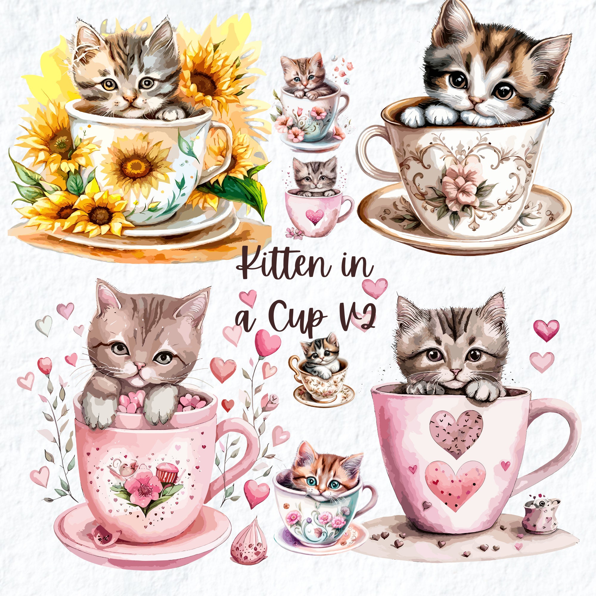 Kittin Floral Cup Clipart Floral Cat Clipart Cute Kitty - Etsy
