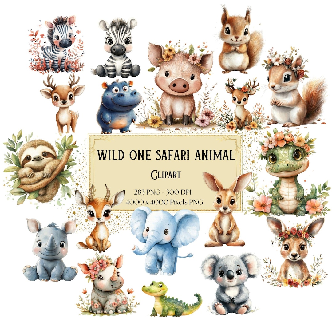 Wild One Safari Animal Clipart, Safari Woodland Zoo Animal Bundle ...