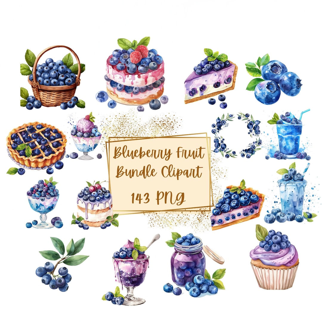 Blueberry Bundle Clipart, Blueberries Fruit Watercolor Bundle Clipart ...