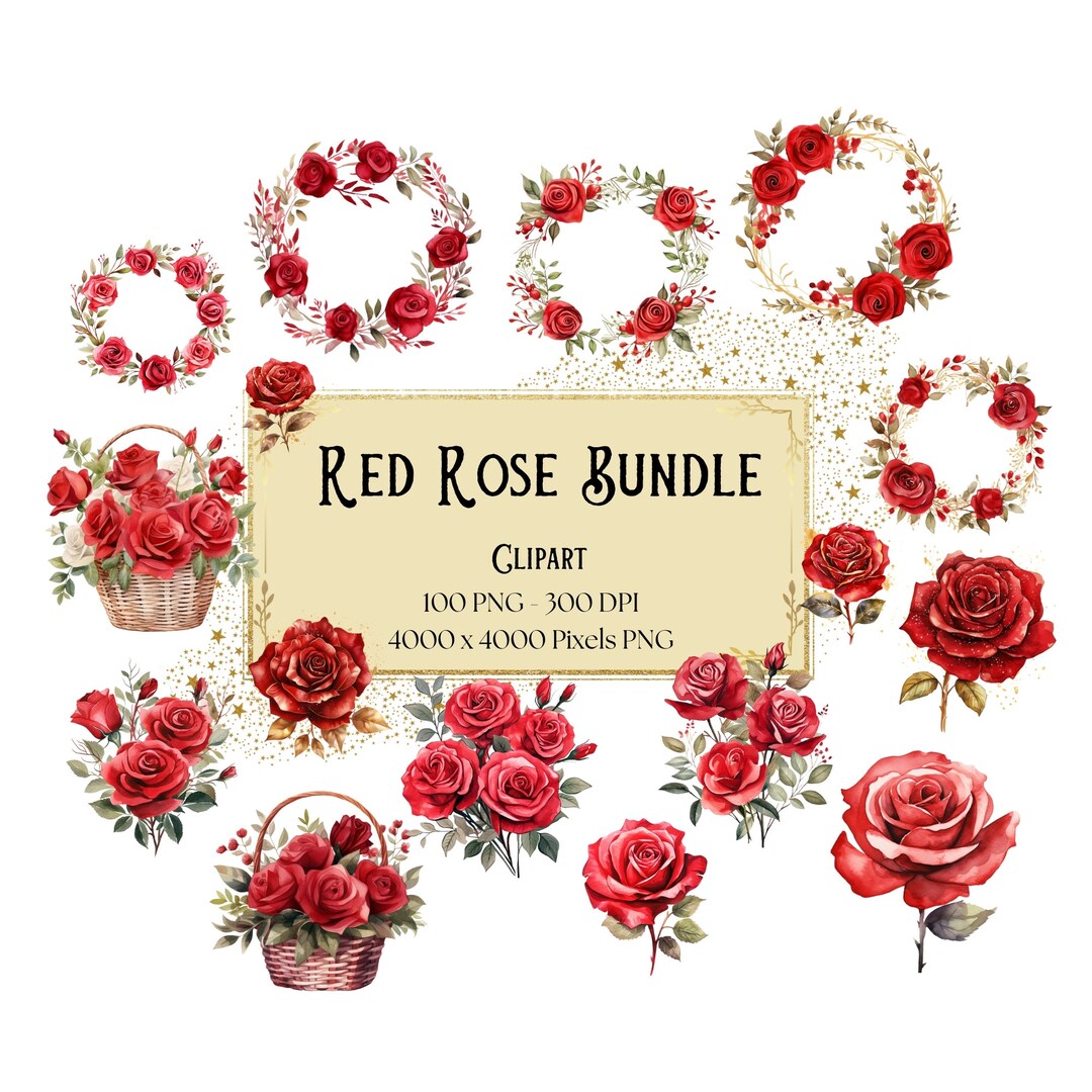Red Rose Clipart, Red Rose Bundle Flowers Clipart, Red Roses Valentines ...