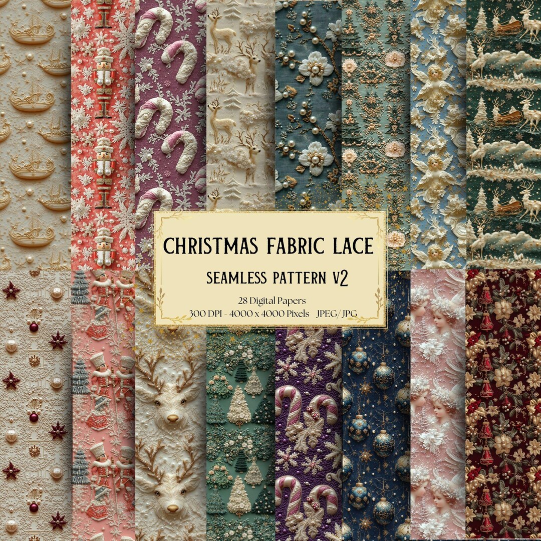 Christmas Fabric Lace Digital Papers, Vintage Holiday Seamless Patterns ...