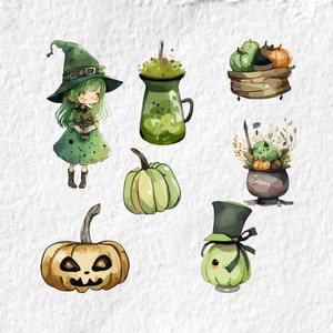 Little Green Witch Halloween Clipart, Cute Witch Halloween Watercolor ...