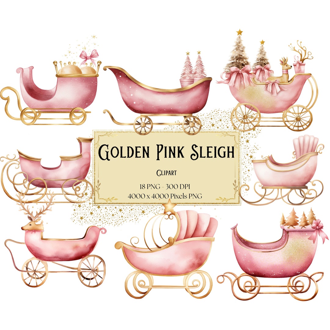 Golden Pink Sleigh Clipart, Christmas Pink Santa Sleigh Png Clipart ...