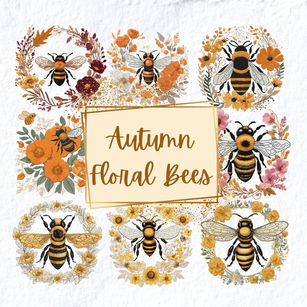 Floral Bee Clipart, Sweet Honey Bee Clipart, Autumn Floral Bee Clipart ...