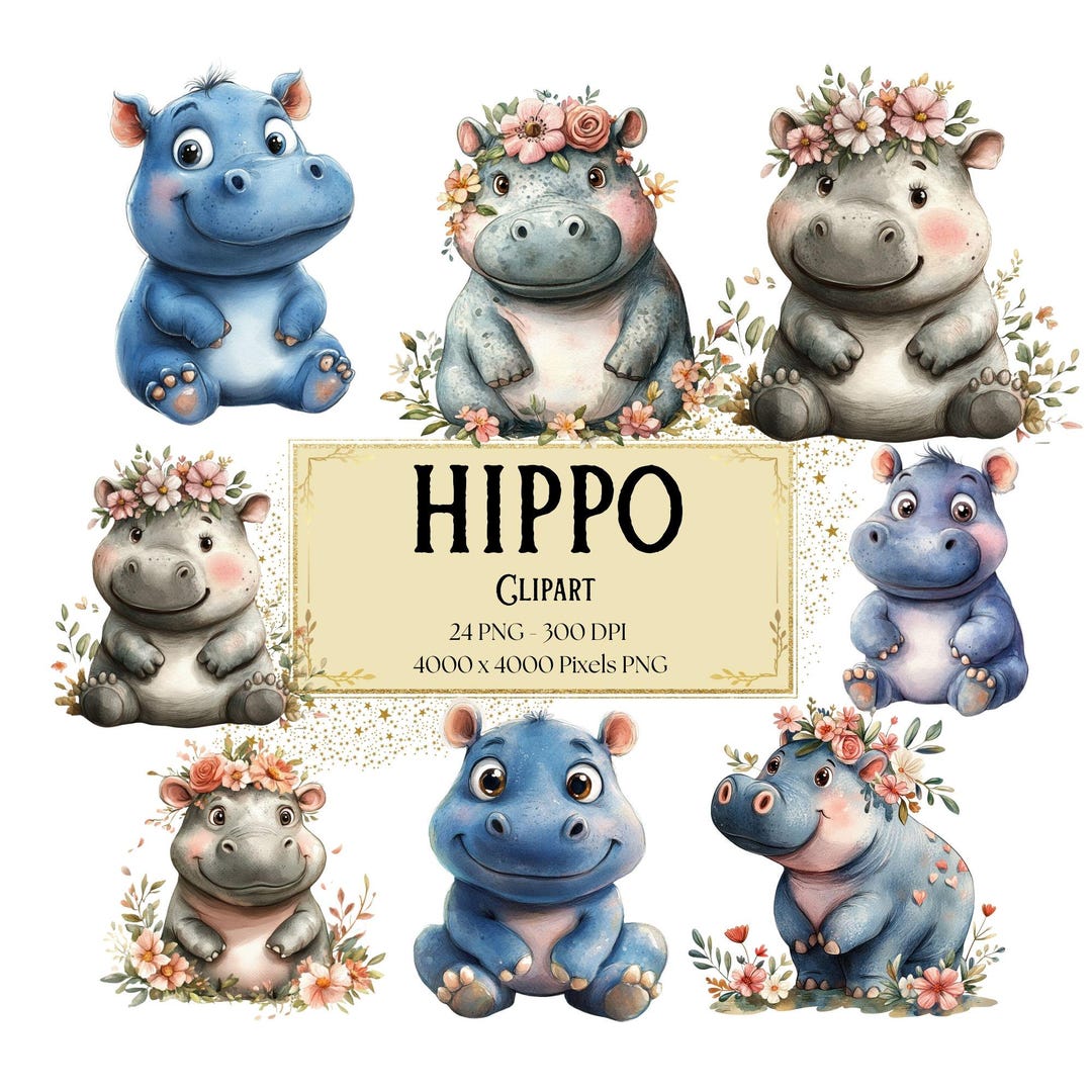 Hippo Clipart, Floral Hippo Clipart, Savannah Wild One Animal Clipart ...